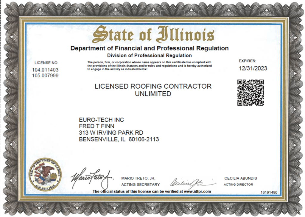 Euro-Tech Inc. - Fred Finn Illinois Roofing License #104-011403